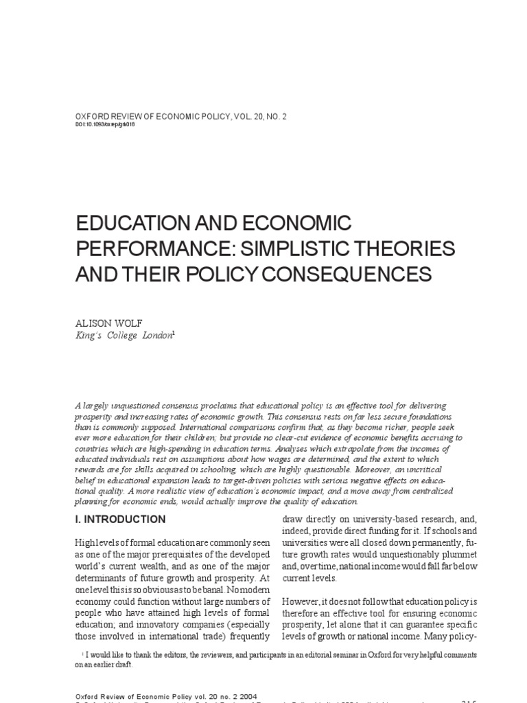 Education and Economic Performance: Simplistic Theories and Their ...