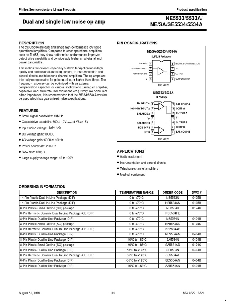 NE5533/5533A/ NE/SA/SE5534/5534A Dual and Single Low Noise Op Amp | PDF ...