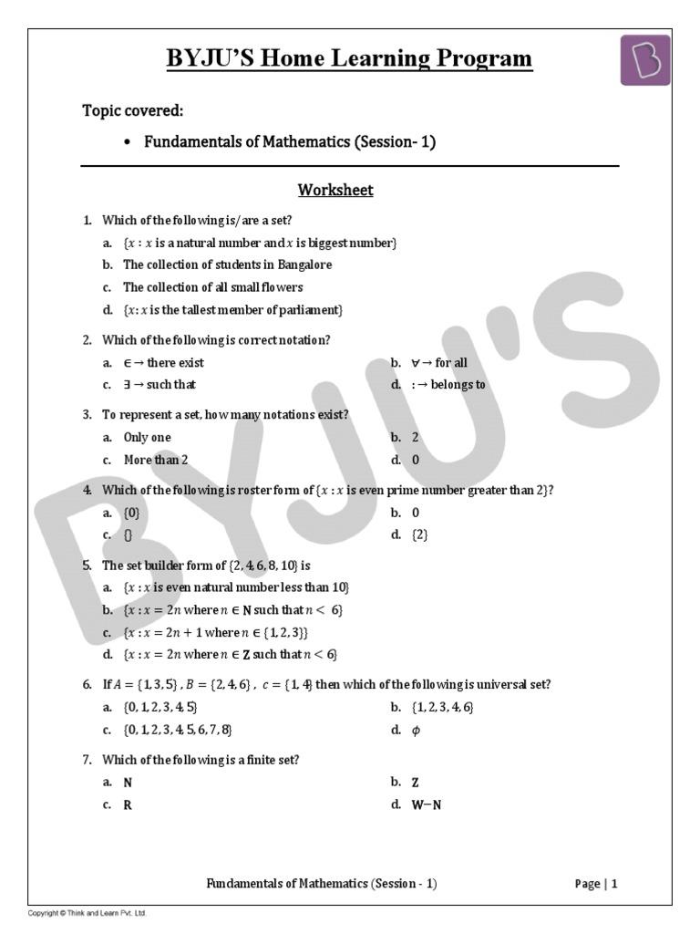 Fundamentals of Mathematics S1 Worksheet April 17 | PDF | Set ...