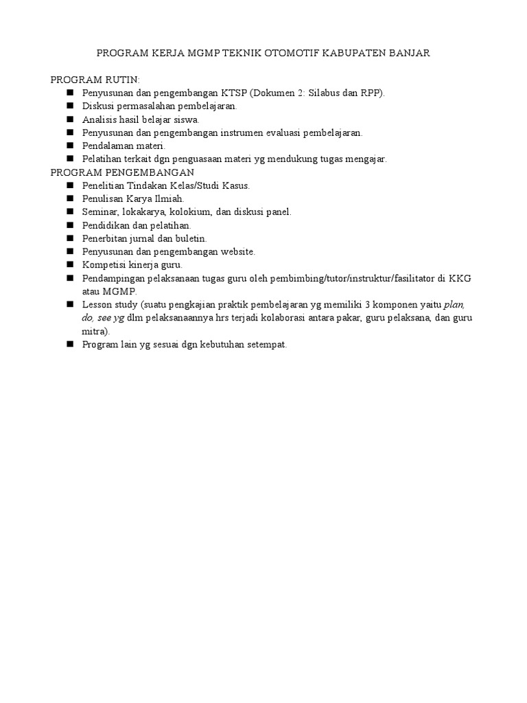 Program Kerja MGMP Teknik Otomotif Kabupaten Banjar | PDF