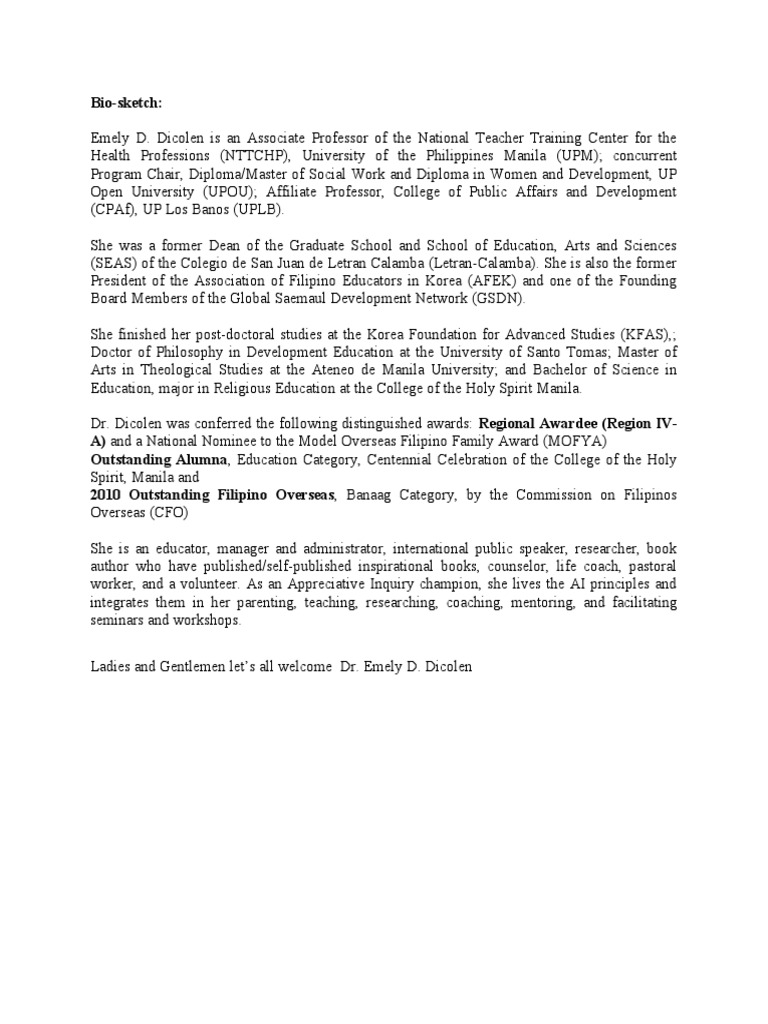 Dr. Emely D. Dicolen's Bio-sketch | PDF
