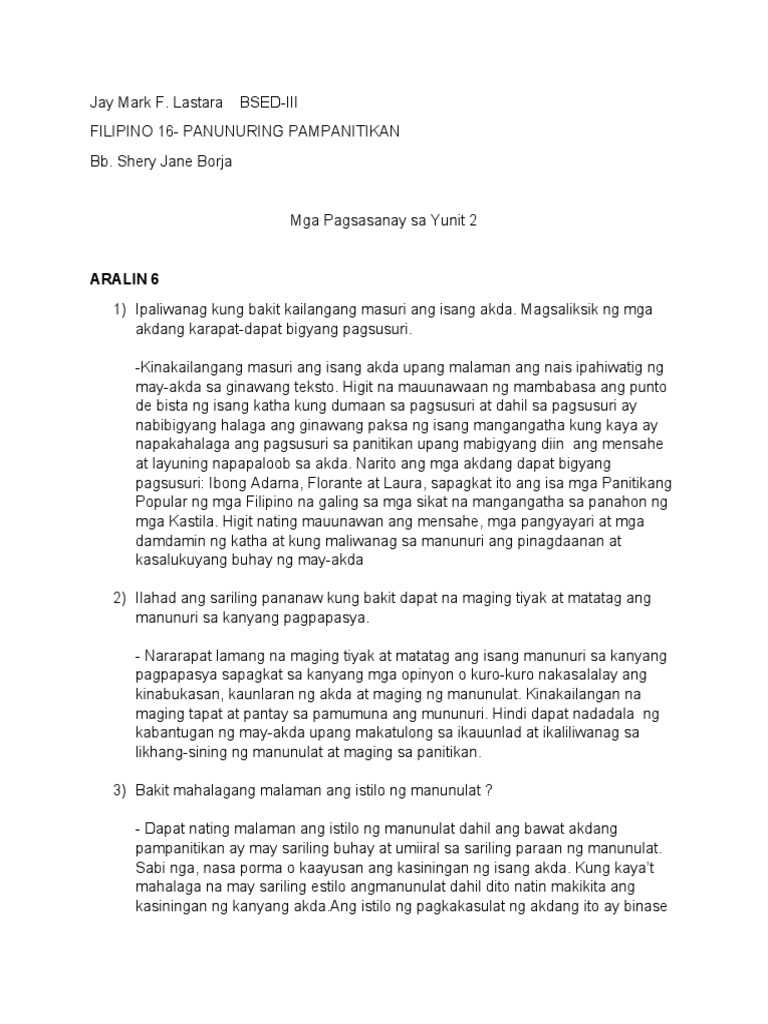 Jay Mark F. Lastra - Mga Pagsasanay Sa Yunit2 (Fil16) | PDF