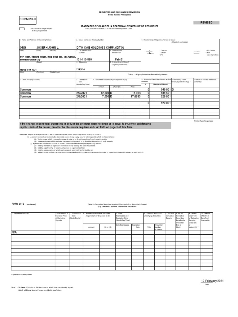 SEC Form 23-B: Ownership Changes Report | PDF | Securities (Finance ...
