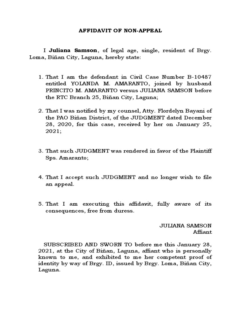 Affidavit of Non-Appeal | PDF
