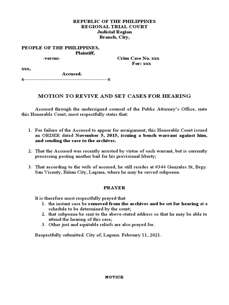 Motion To Revive and Set Case For Hearing | PDF