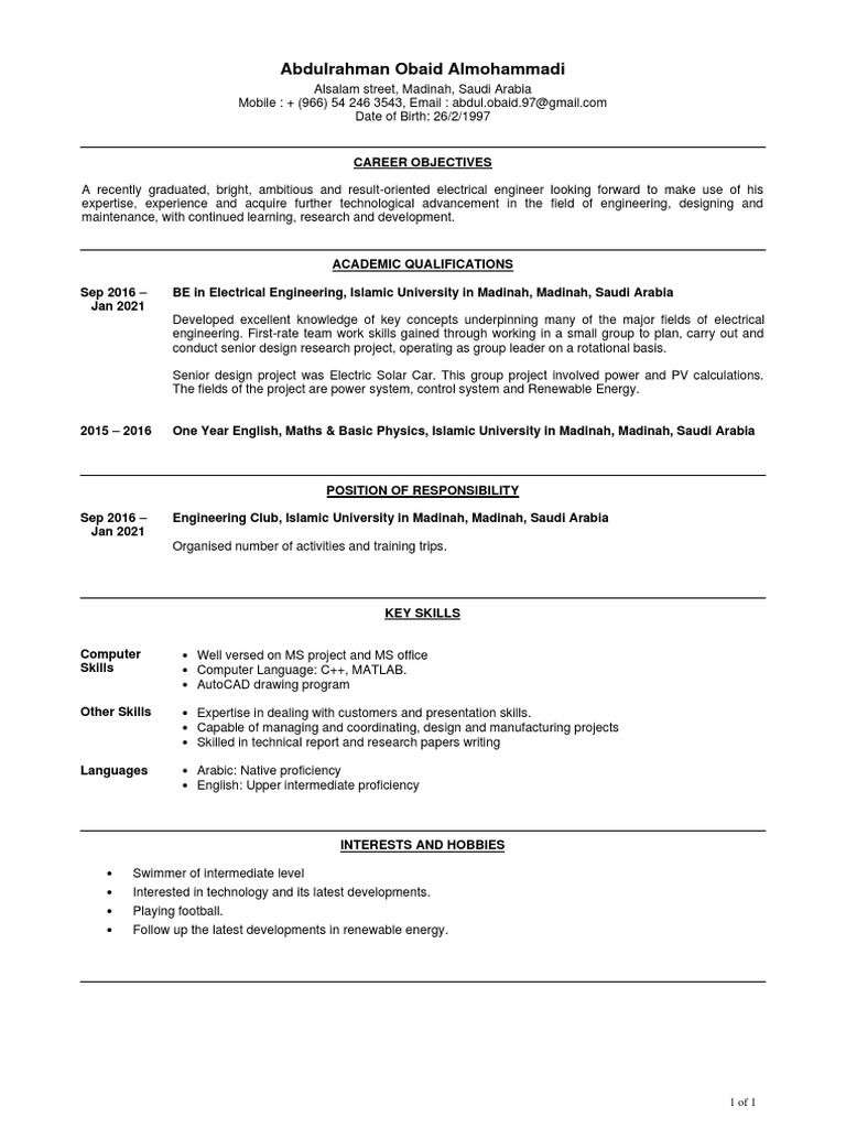 Abdulrahman Obaid CV English | PDF | Science And Technology | Engineering