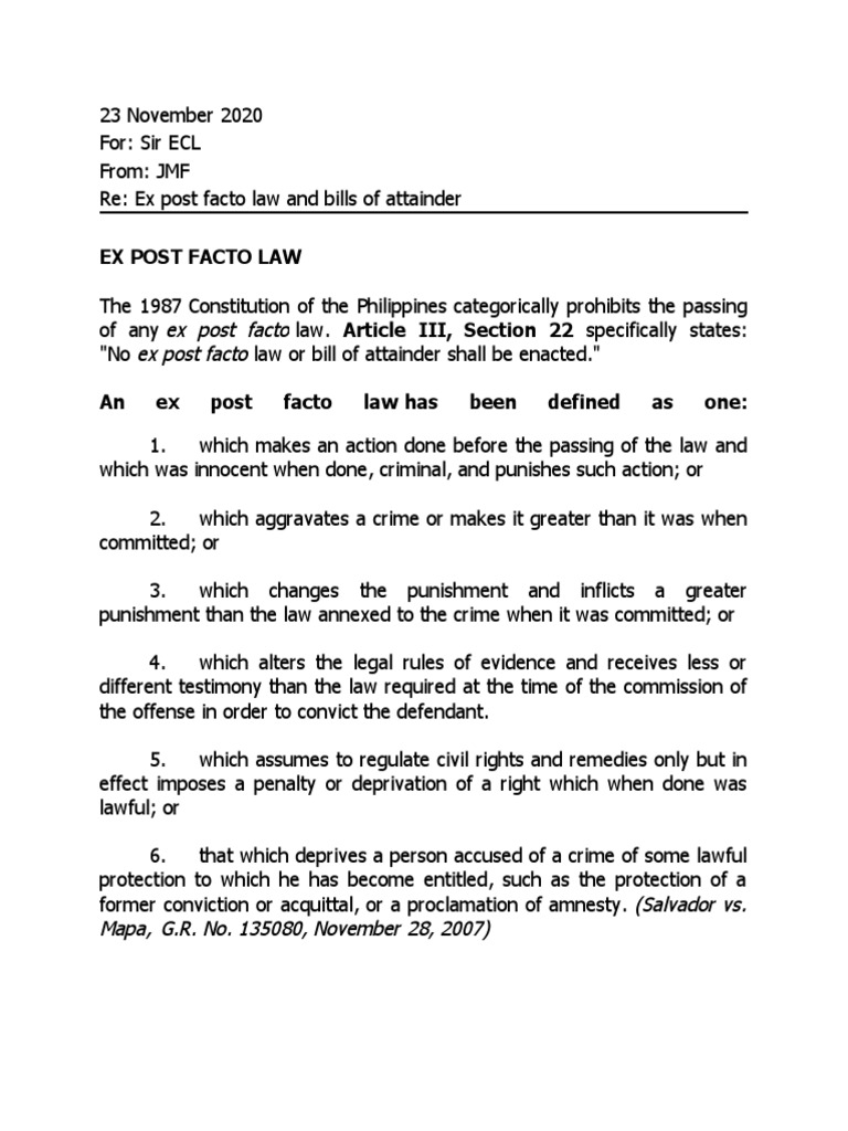 An Analysis of Ex Post Facto Laws and the Philippine Constitution's ...