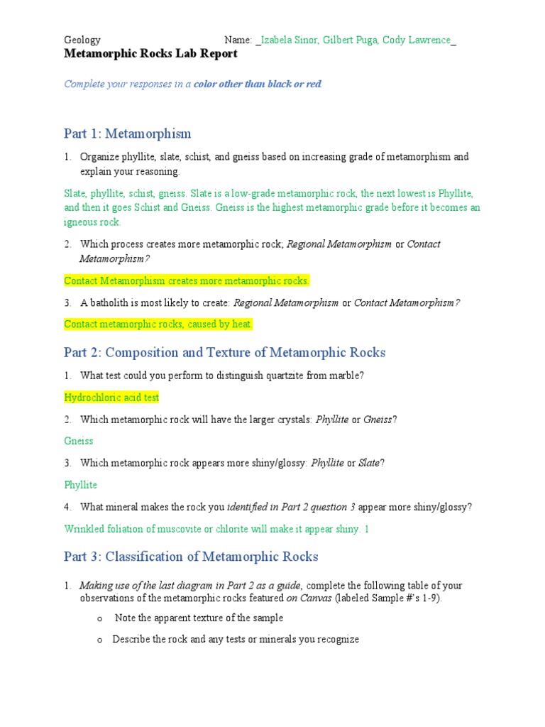 Part 1: Metamorphism: Metamorphic Rocks Lab Report | PDF | Rock ...