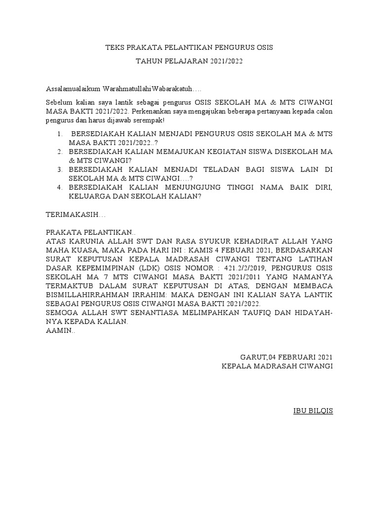 TEKS PRAKATA PELANTIKAN PENGURUS OSIS Dan Janji Osis Ciwangi | PDF TEKS PRAKATA PELANTIKAN PENGURUS OSIS Dan Janji Osis Ciwangi | PDF