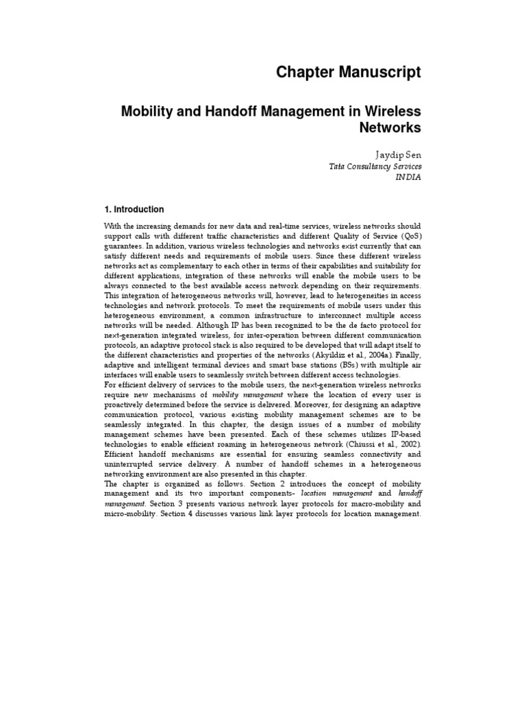 Mobility and Handoff Management in Wireless Networks: Chapter Manuscript | PDF | Session ...