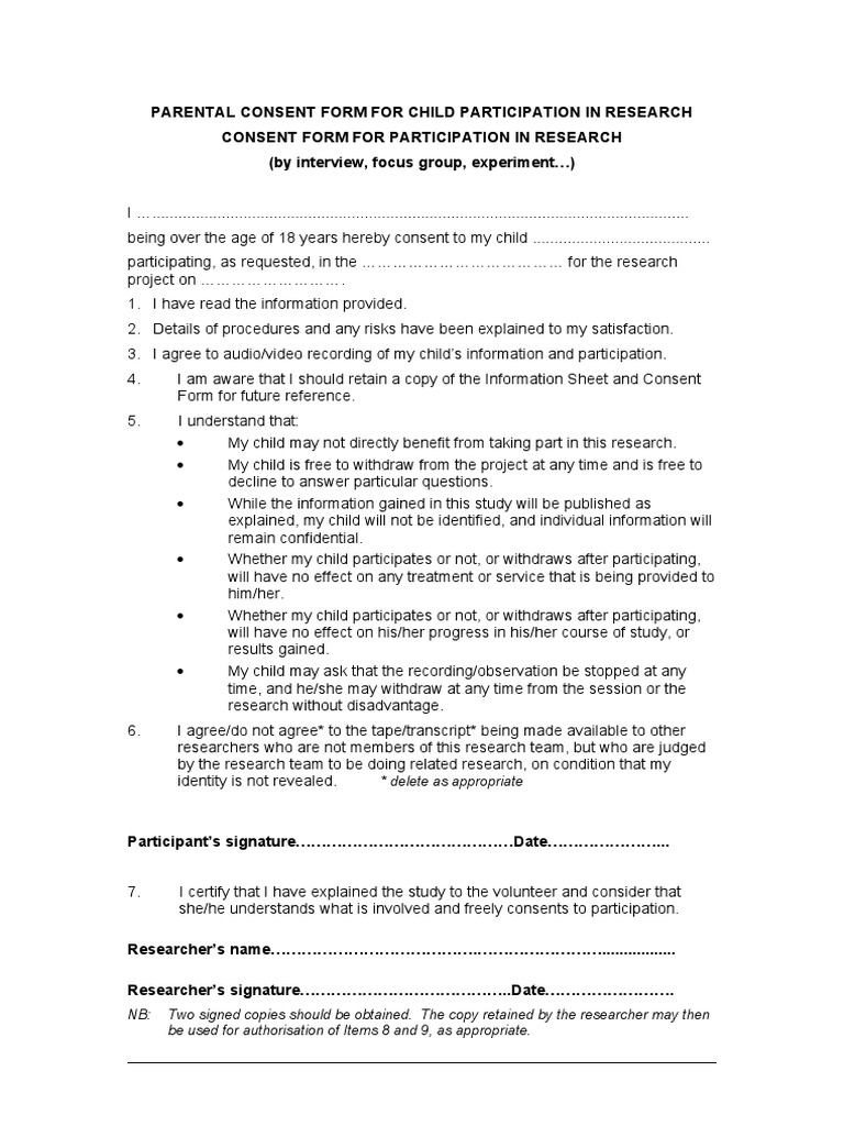 Parental Consent Form For Child Participation in Research | PDF ...