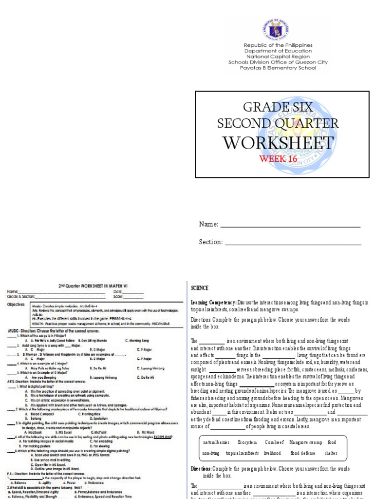 Worksheet: Grade Six Second Quarter | PDF