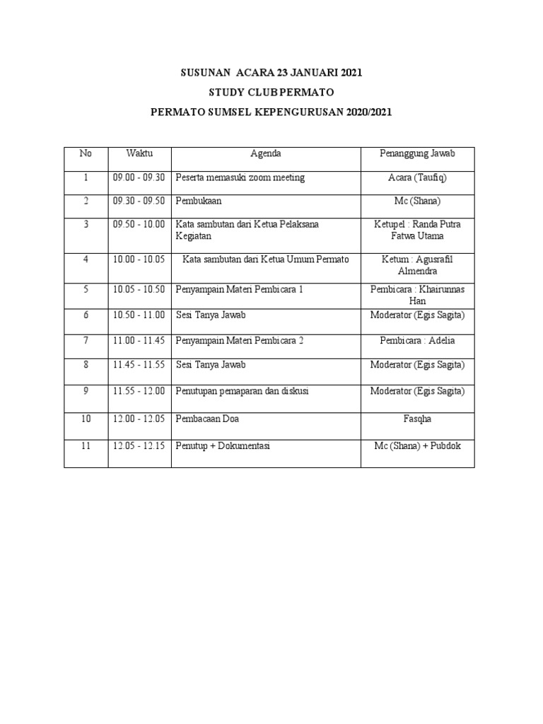 Contoh Rundown Acara Study Club | PDF