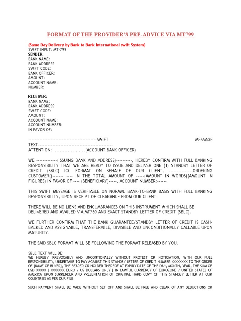 Verbiage of MT 799 and MT 760 | PDF | Letter Of Credit | Payments