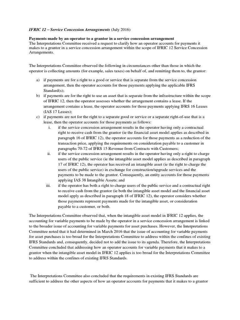 Ifric 12 Payments Made by An Operator To A Grantor in A Service ...