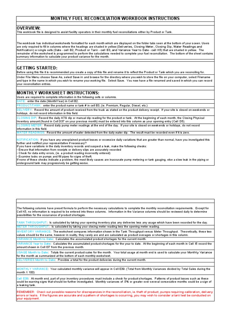Monthly Fuel Reconciliation Workbook Instructions Overview | PDF ...