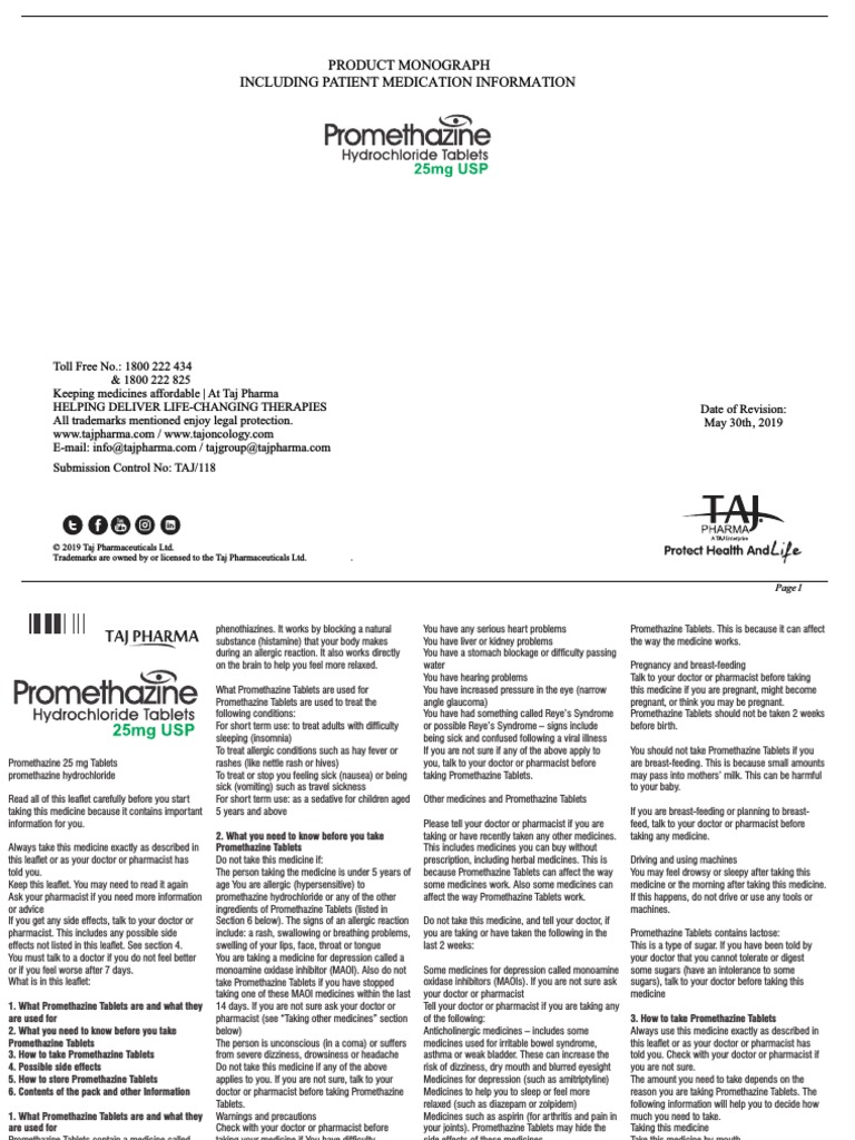 Promethazine Hydrochloride Tablets 25mg Usp - Taj Pharma, Leaflet ...