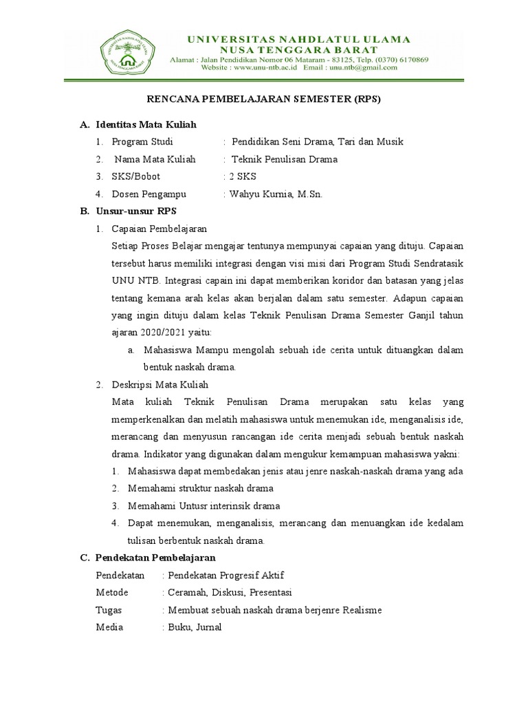 Contoh RPS Teknik Penulisan Drama III UNU NTB | PDF