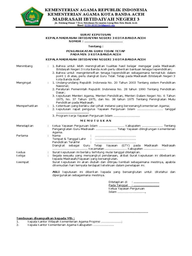Contoh SK Guru Tetap Yayasan Madrasah Format | PDF