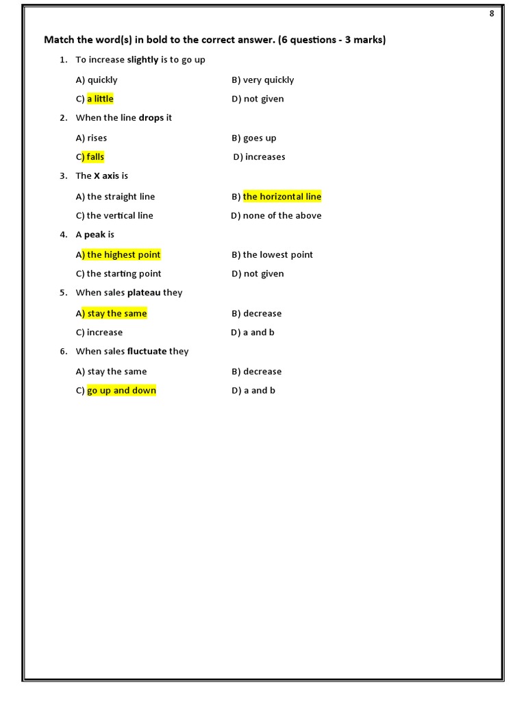 Match The Word(s) in Bold To The Correct Answer. (6 Questions - 3 Marks ...