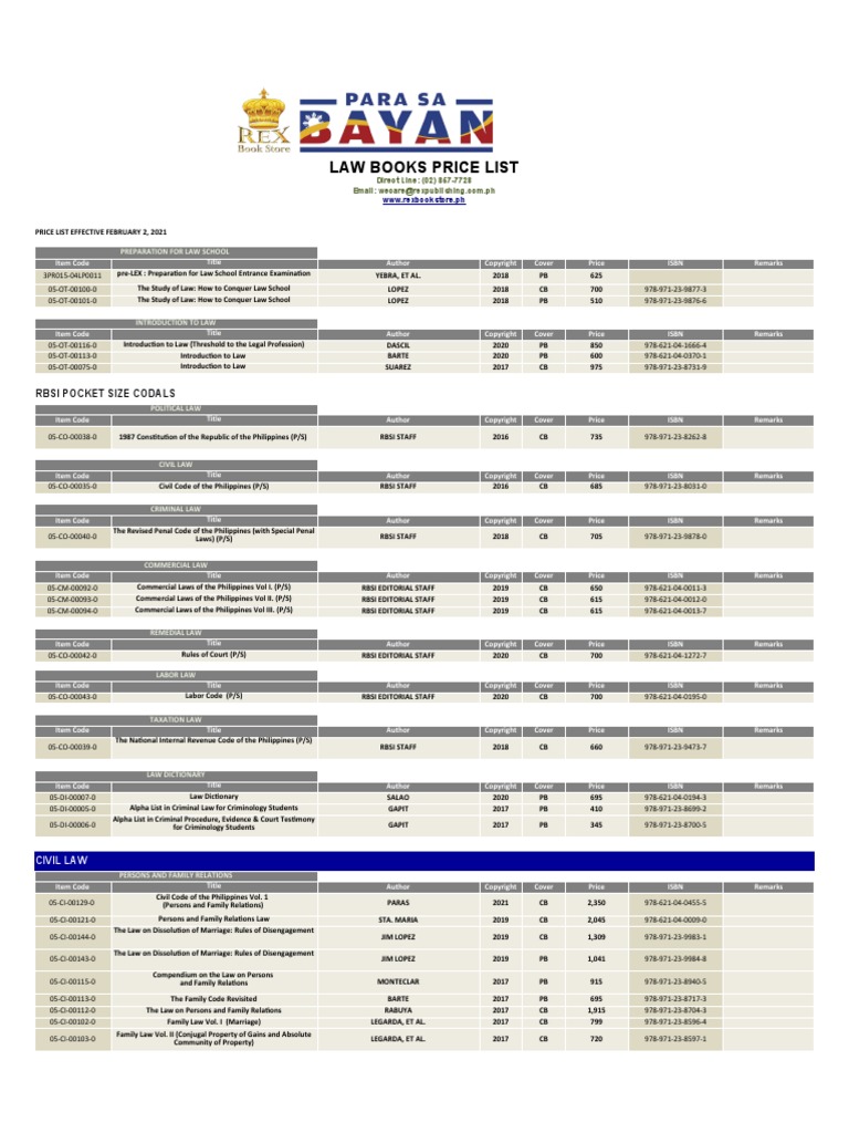 REX Book Store Law Books Pricelist As of February 2 2021 | PDF ...