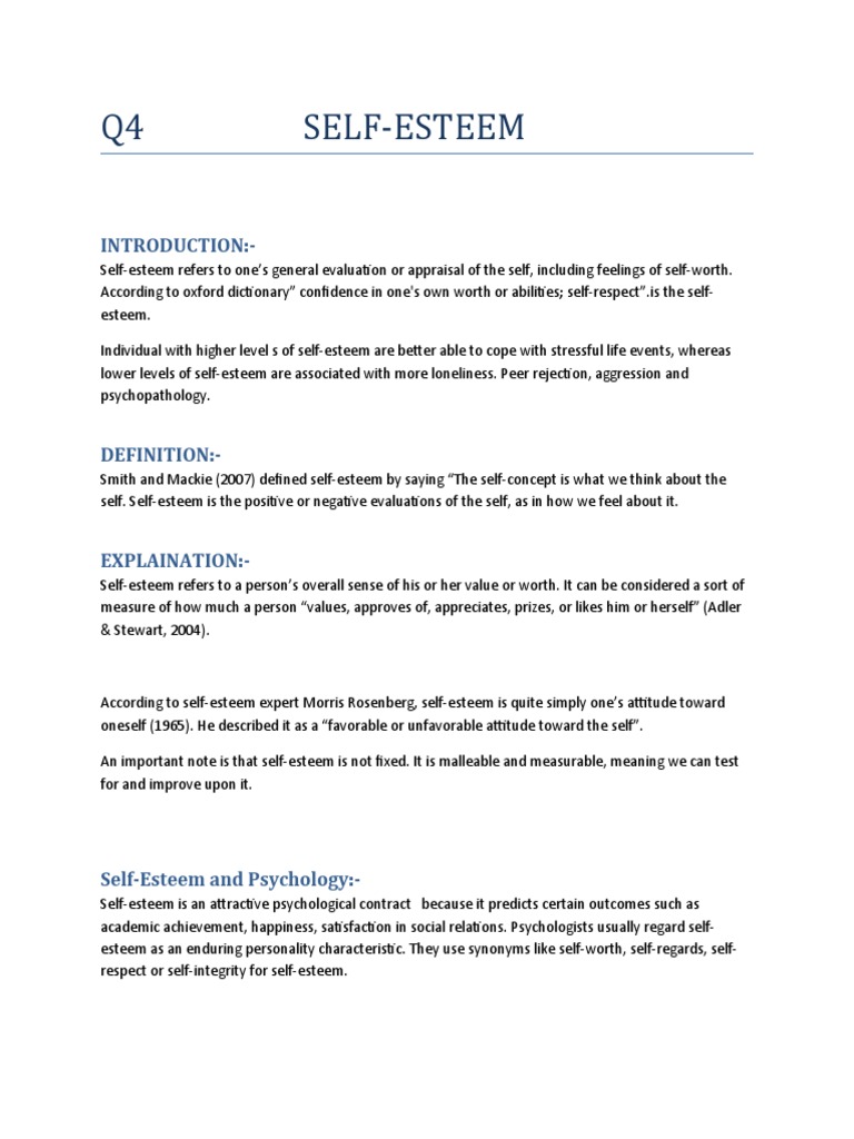 Q4 Self-Esteem: Introduction | PDF | Self Esteem | Applied Psychology