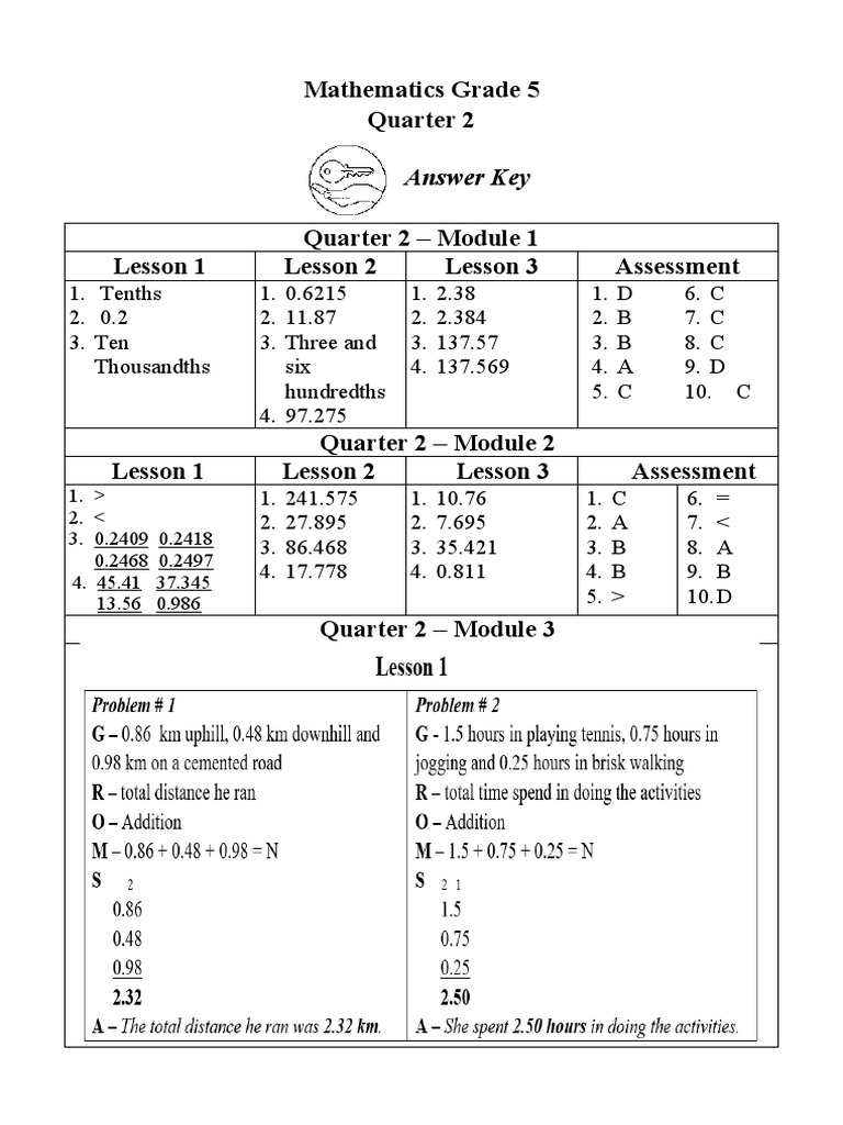 Mathematics Grade 5 Quarter 2: Answer Key | PDF | Educational ...