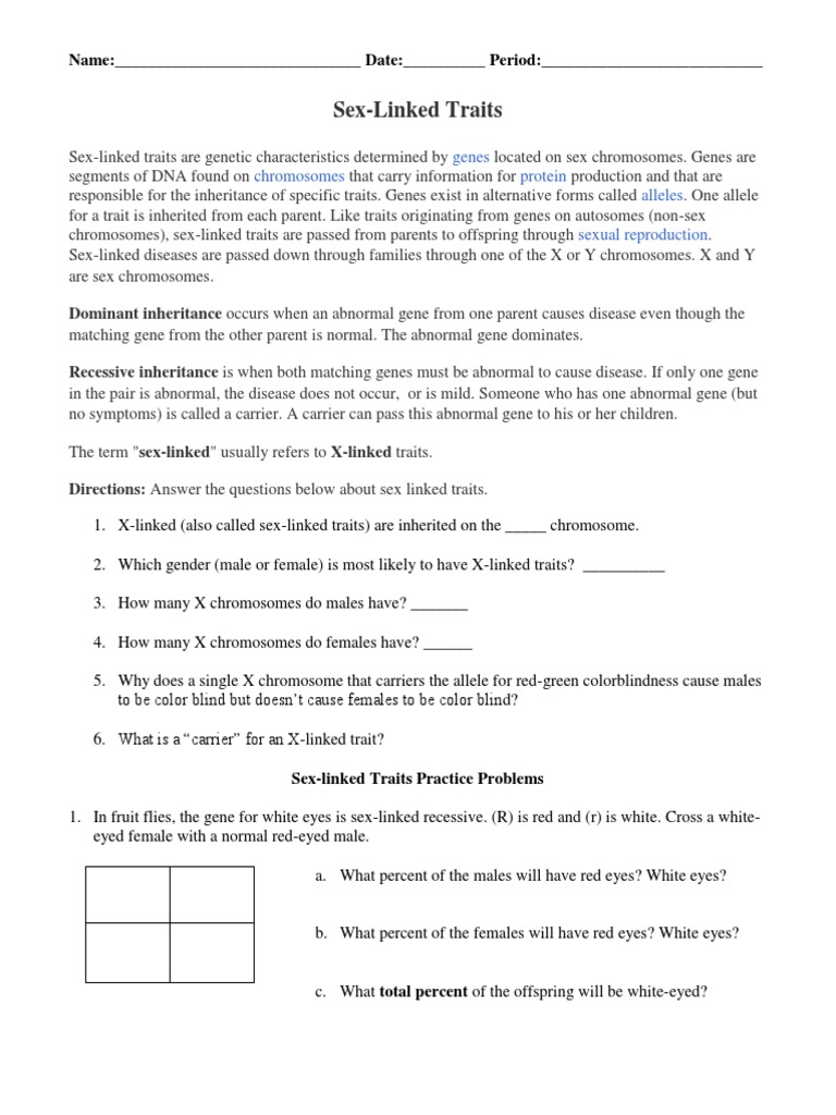 Sex Linked Traits Practice Problems Pdf Dominance Genetics