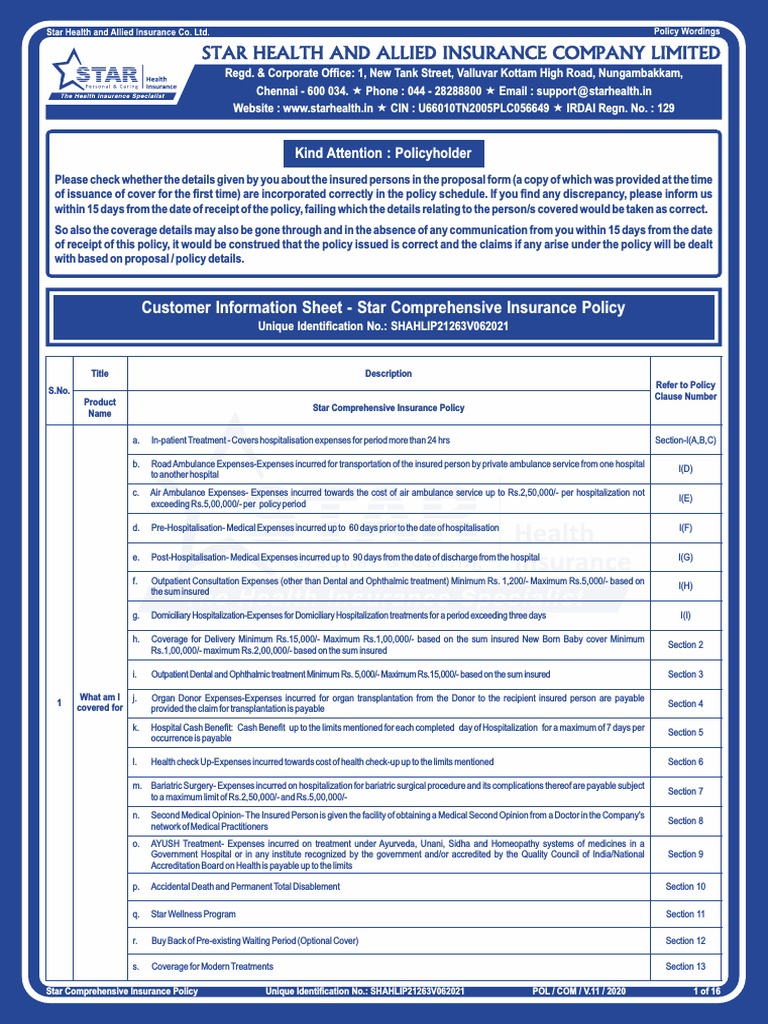 Star Comprehensive Policy Clause New 1 | PDF | Insurance | Hospital