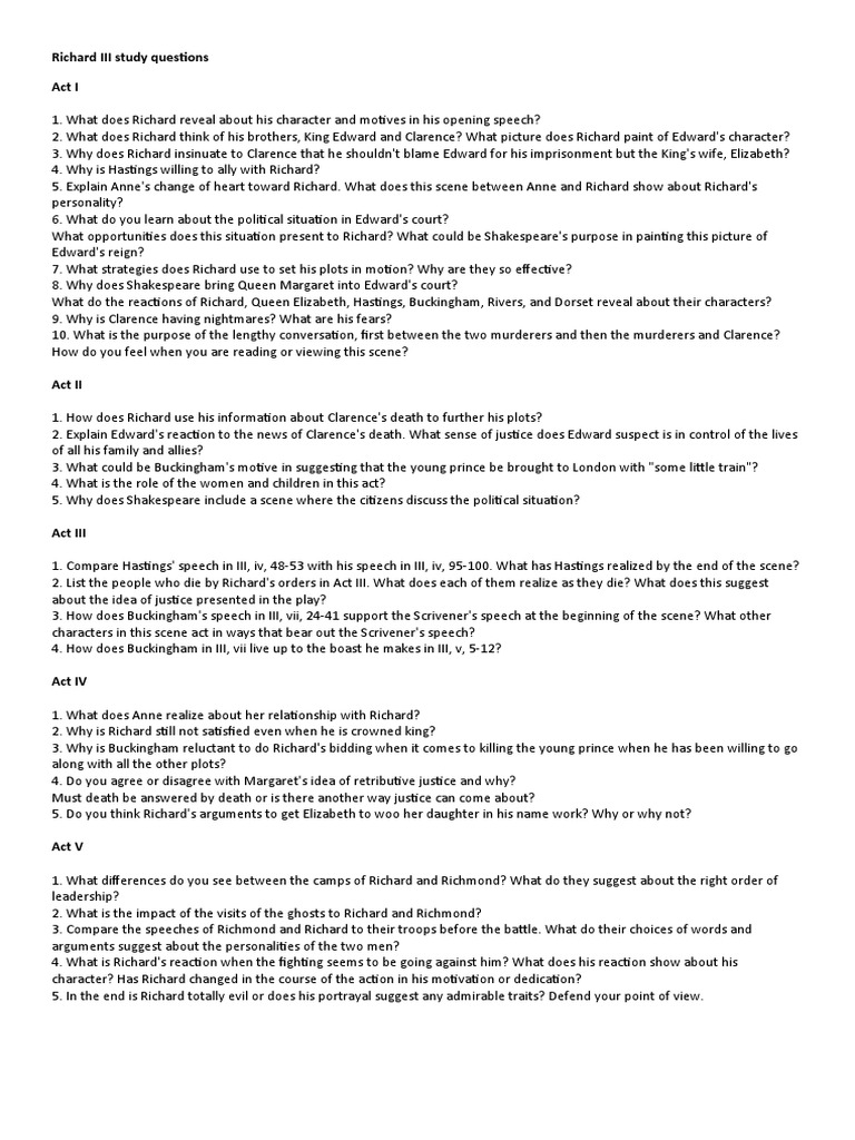 Richard III Study Questions Guide | PDF | Richard Iii Of England