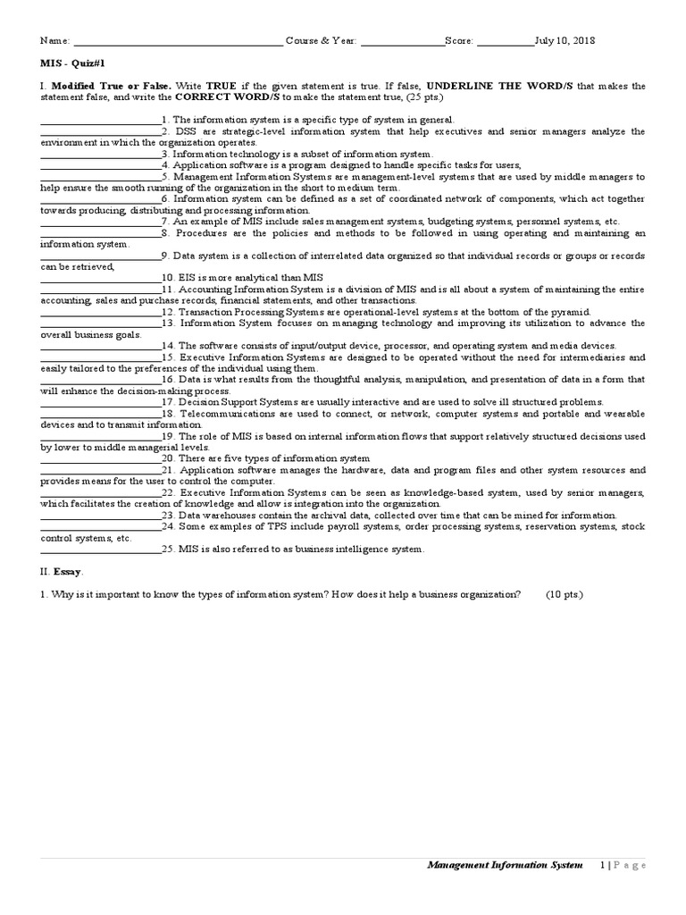 Management Information System Quiz 1 | PDF | Information System | System