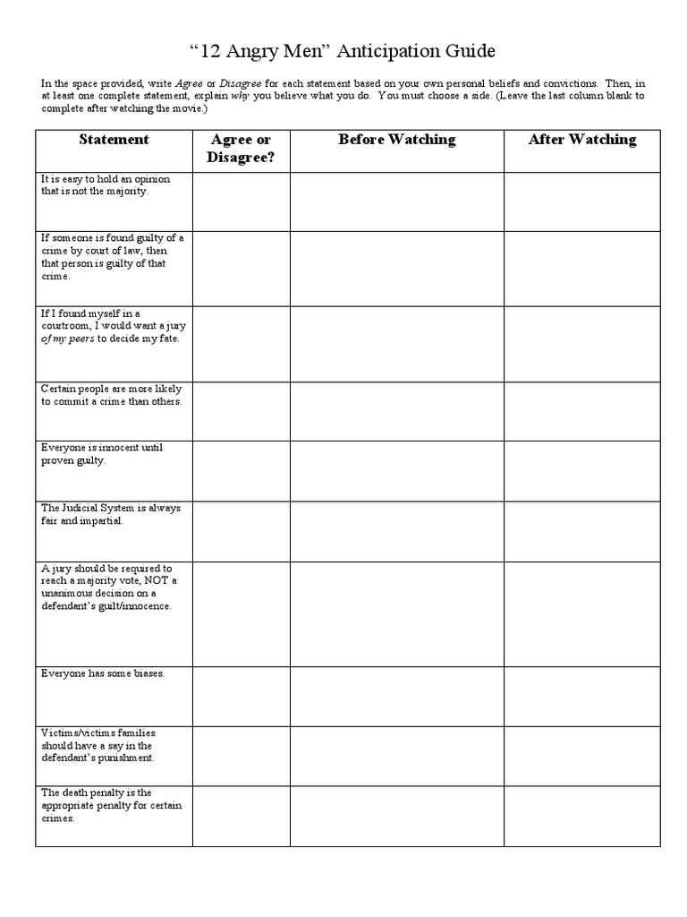 "12 Angry Men" Anticipation Guide: Statement Agree or Disagree? Before ...