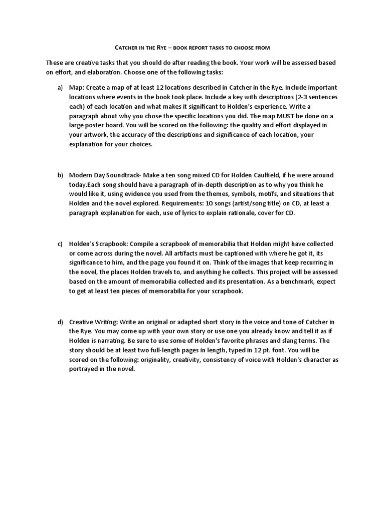 Exploring Catcher in the Rye: Creative Project Options for Students | PDF