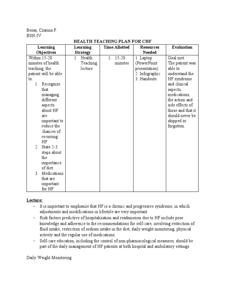 CHF Patient Education and Management Plan | PDF | Heart Failure ...