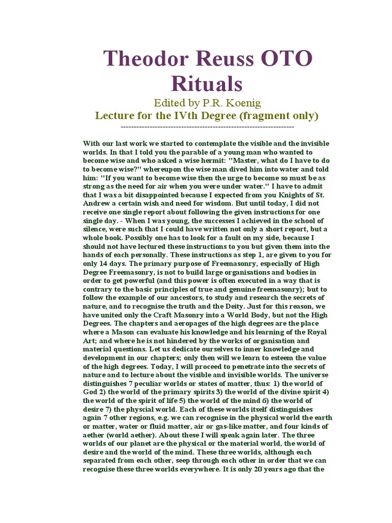 Theodor Reuss Oto Rituals: Lecture For The Ivth Degree (Fragment Only ...