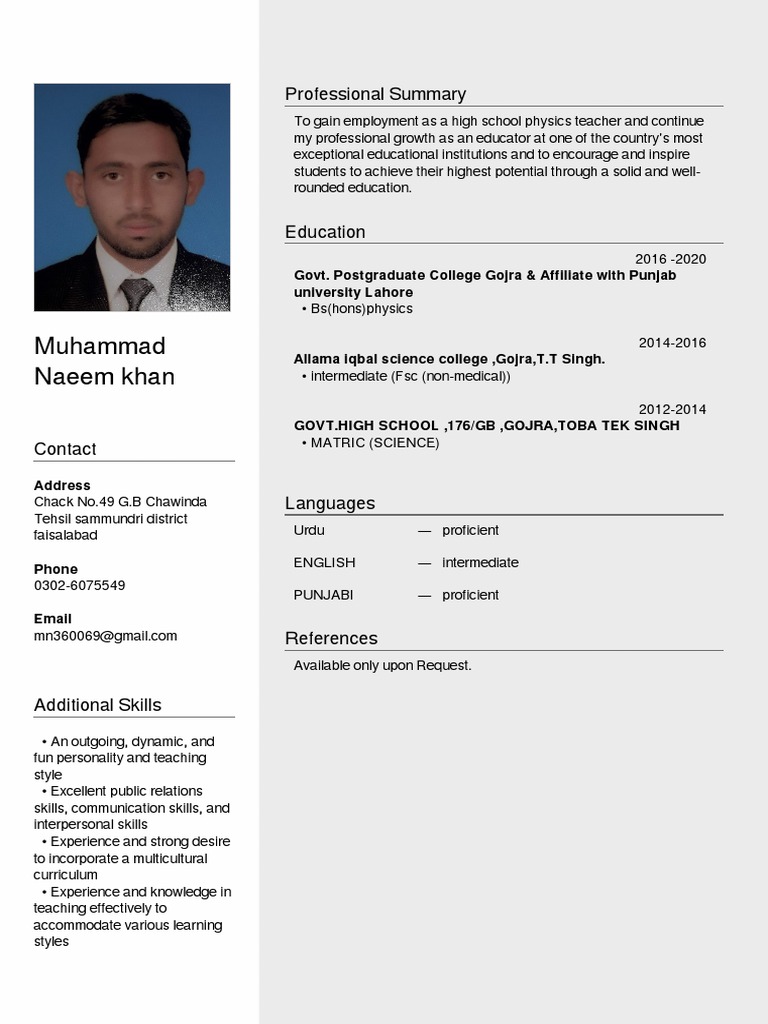 Muhammad - Naeem - Khan - CV Design by Usama Tariq | PDF | Pedagogy | Teaching