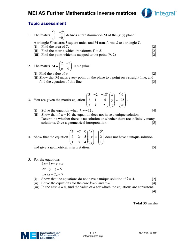 Matrices and Inverses Intergal Topic Assessment | PDF | Matrix ...
