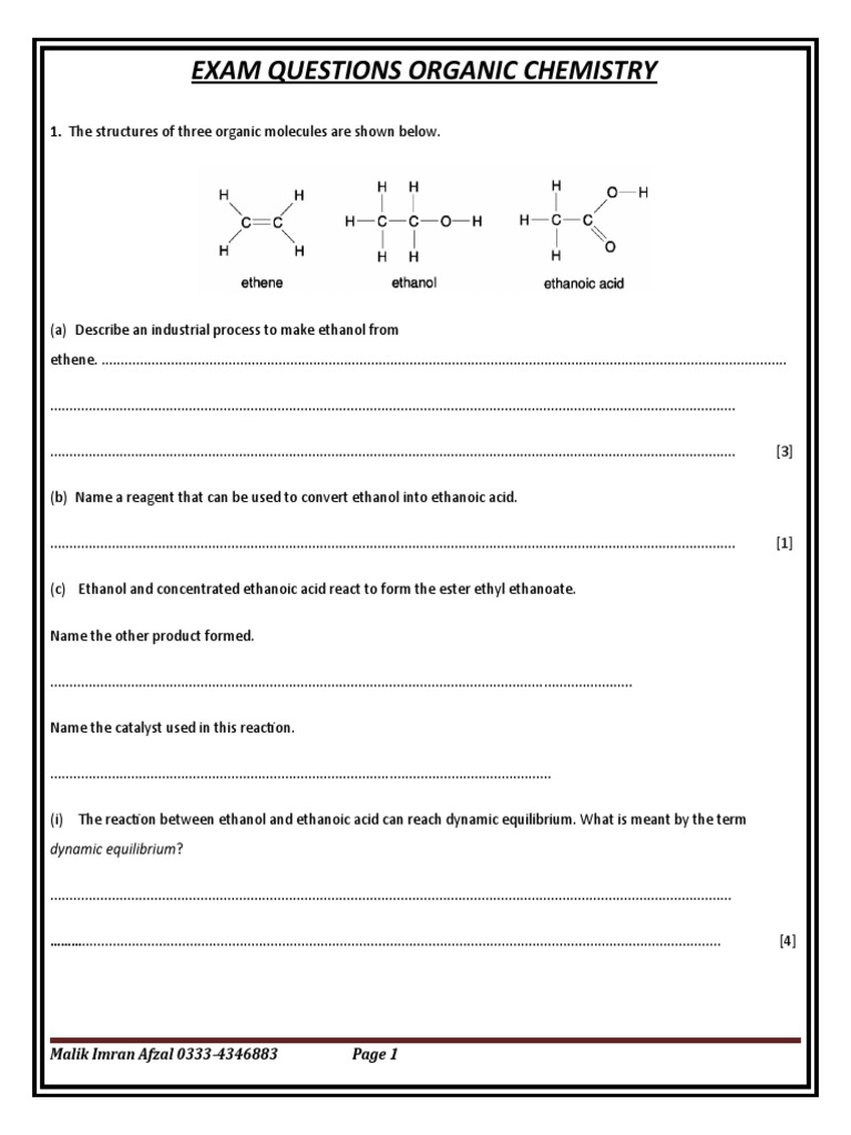 Exam Questions Organic Chemistry | PDF | Ethanol | Chemical Reactions