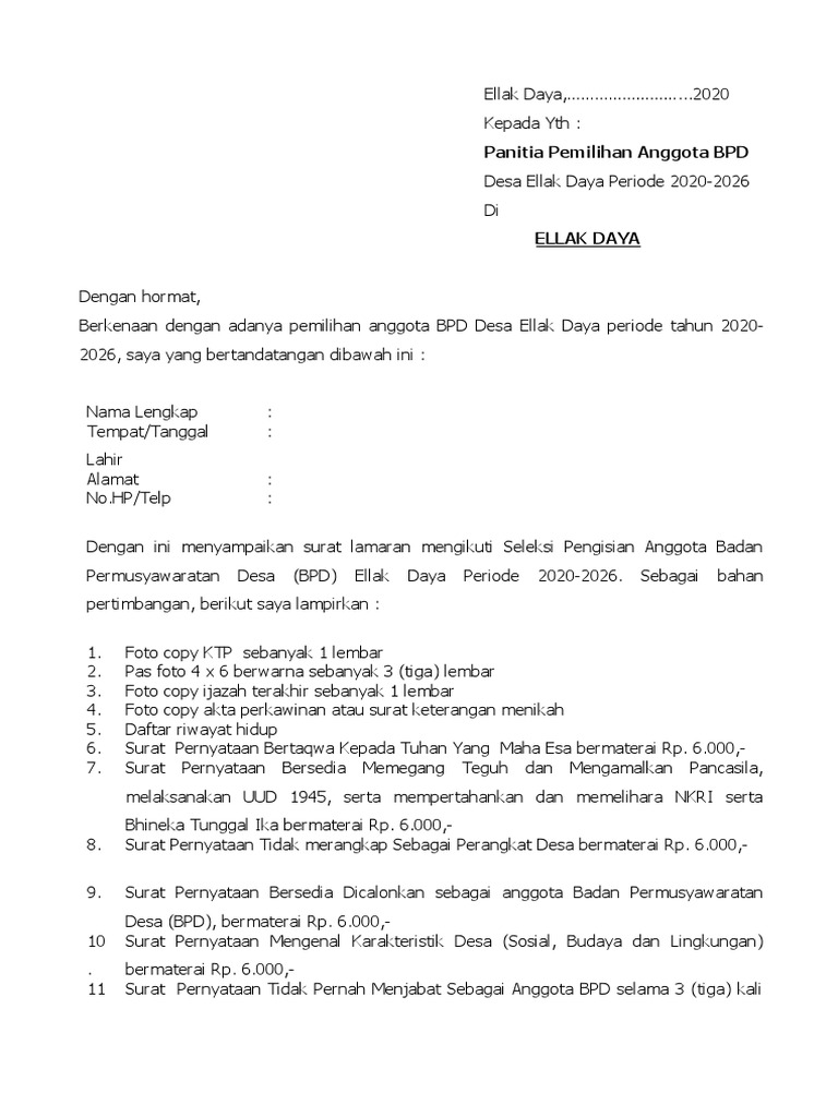 Lamaran Anggota BPD Ellak Daya 2020-2026 | PDF