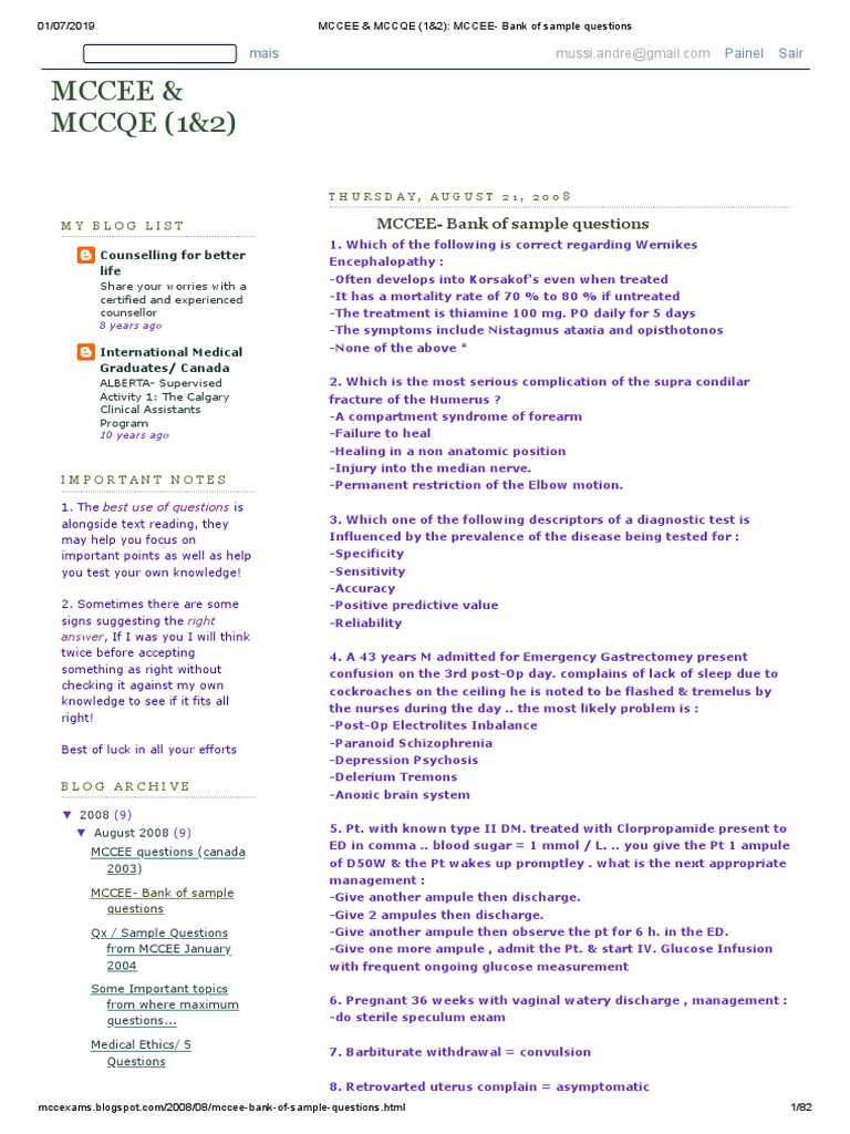 MCCEE & MCCQE (1&2) - MCCEE - Bank of Sample Questions | PDF | Urinary ...
