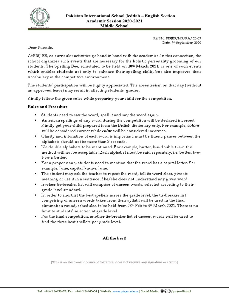 Spelling Bee Memo & List - Y7 | PDF | Nature