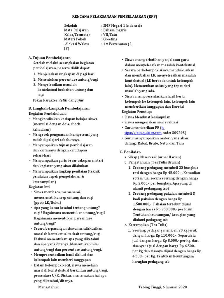 Contoh RPP Singkat Model 1 | PDF