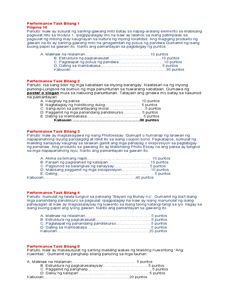 First Quarter Performance Task Filipino 10 | PDF