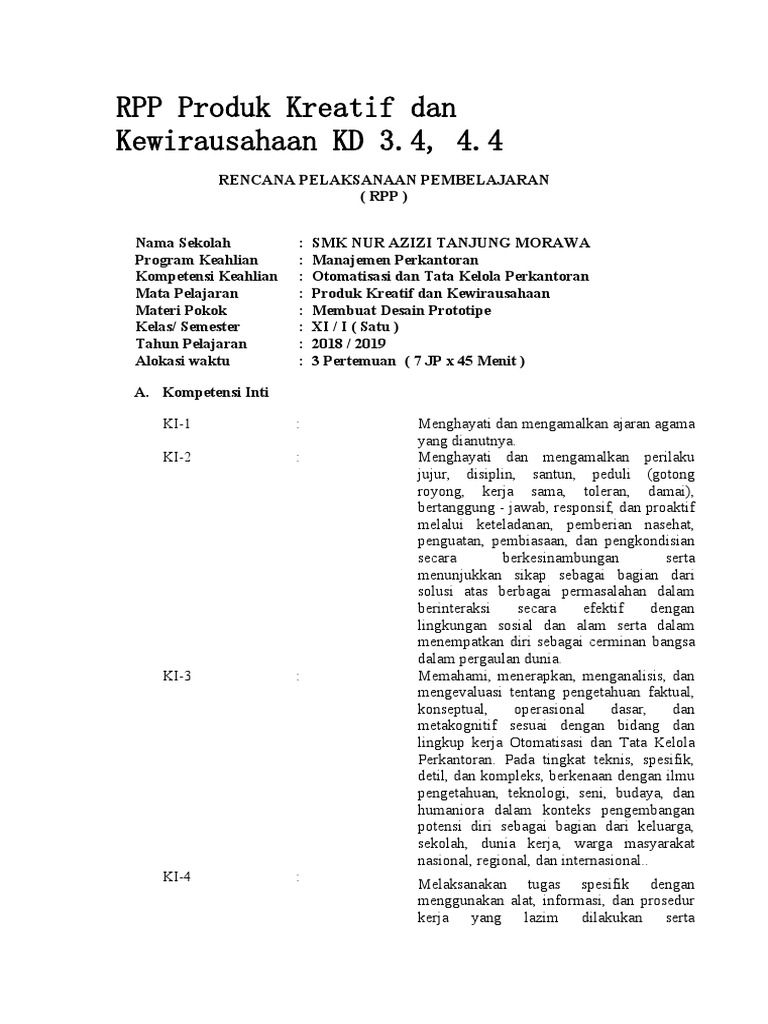 RPP Produk Kreatif Dan Kewirausahaan KD 3 | PDF