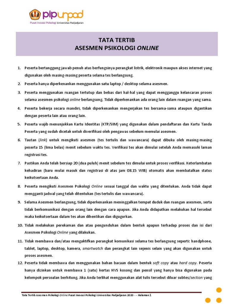 Tata Tertib Asesmen Psikologi Online PIP Unpad | PDF