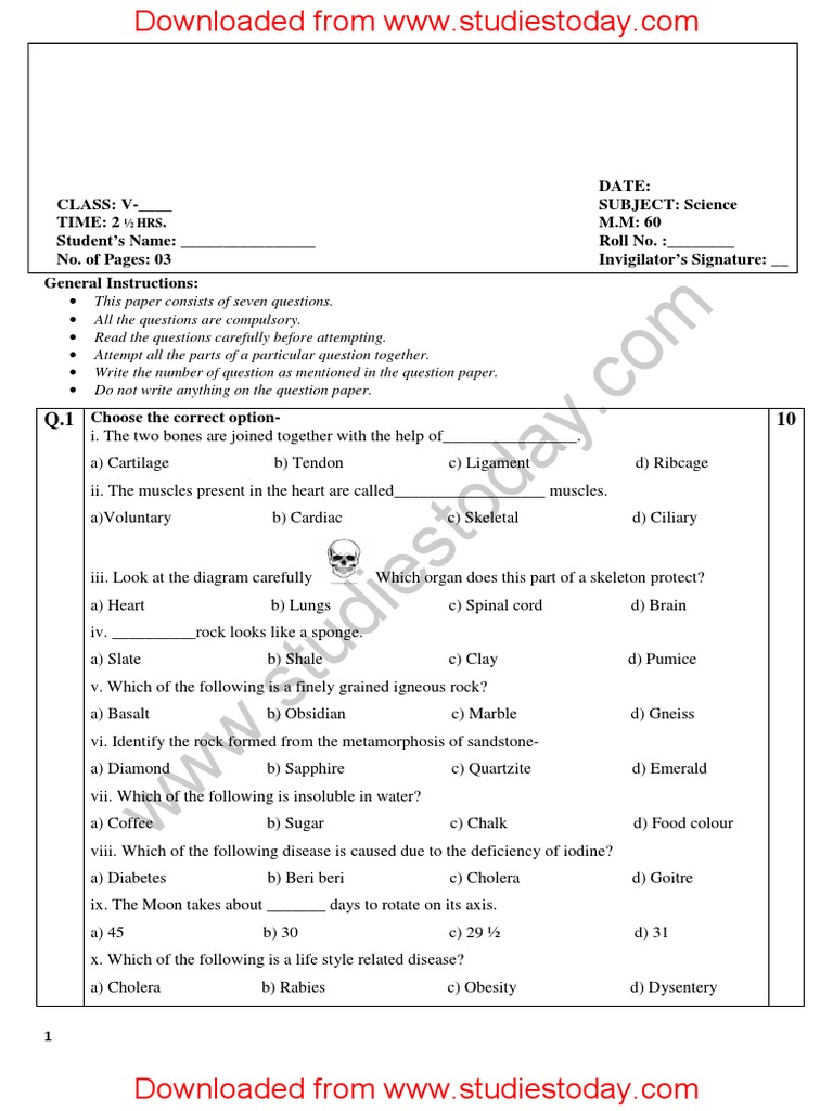 CBSE Class 5 Science Sample Paper Set B - 1 | PDF | Moon | Skeleton