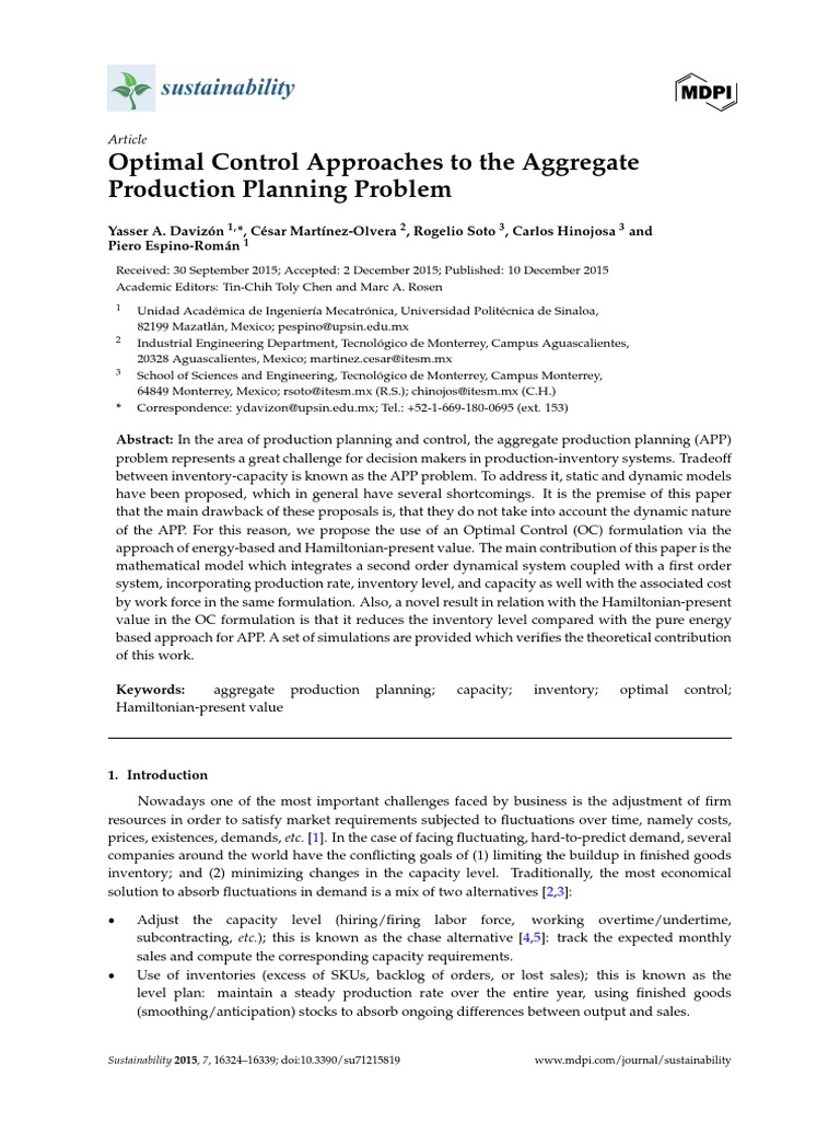 Optimal Control Approaches To The Aggregate Production Planning Problem | PDF | Mathematical ...