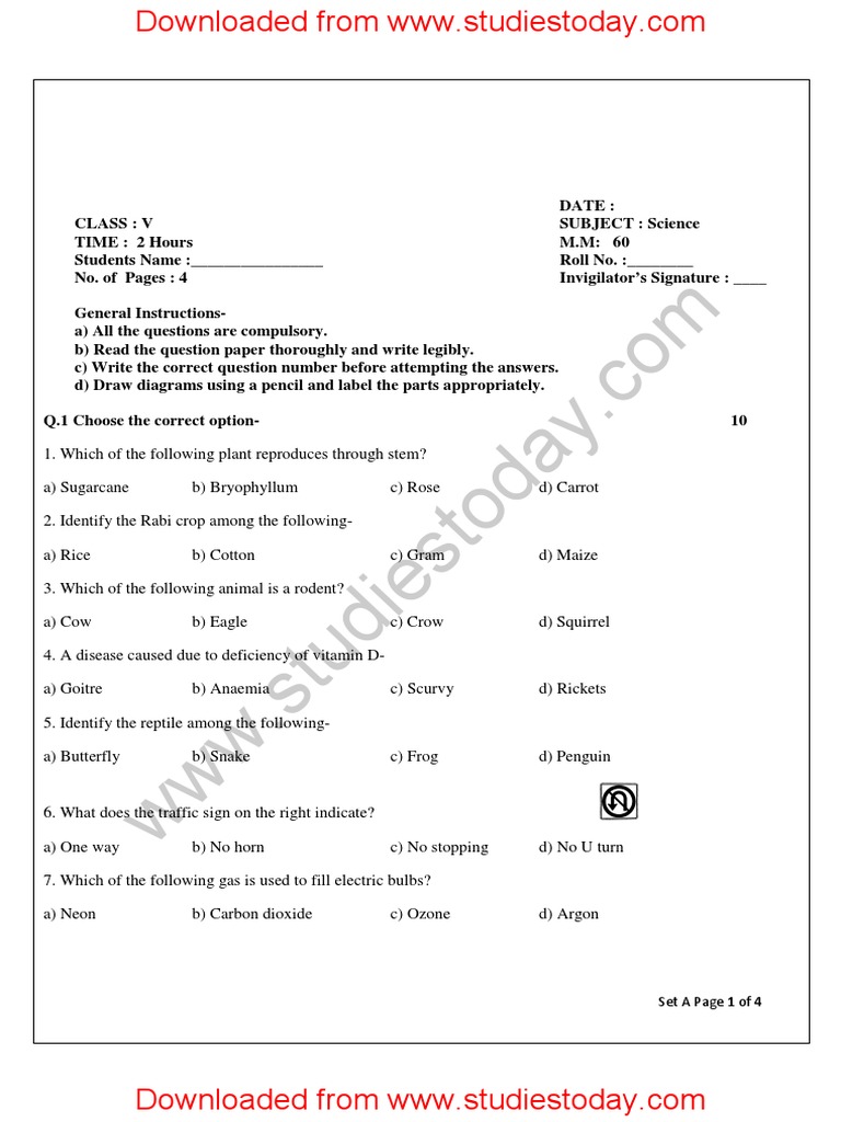 CBSE Class 5 Science Sample Paper Set E | PDF | Gill | Lava