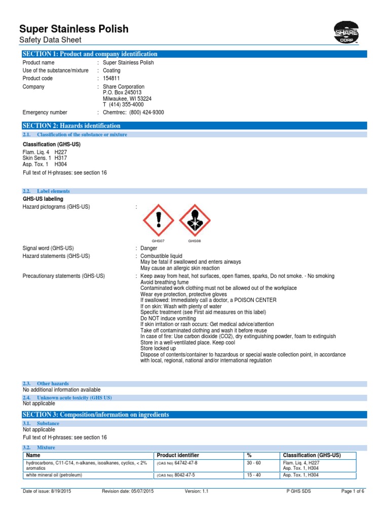 Super Stainless Polish: Safety Data Sheet | PDF | Firefighting | Toxicity