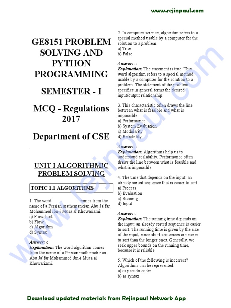 GE8151 Problem Solving and Python Programming MCQ | PDF | Boolean Data Type | Integer (Computer ...